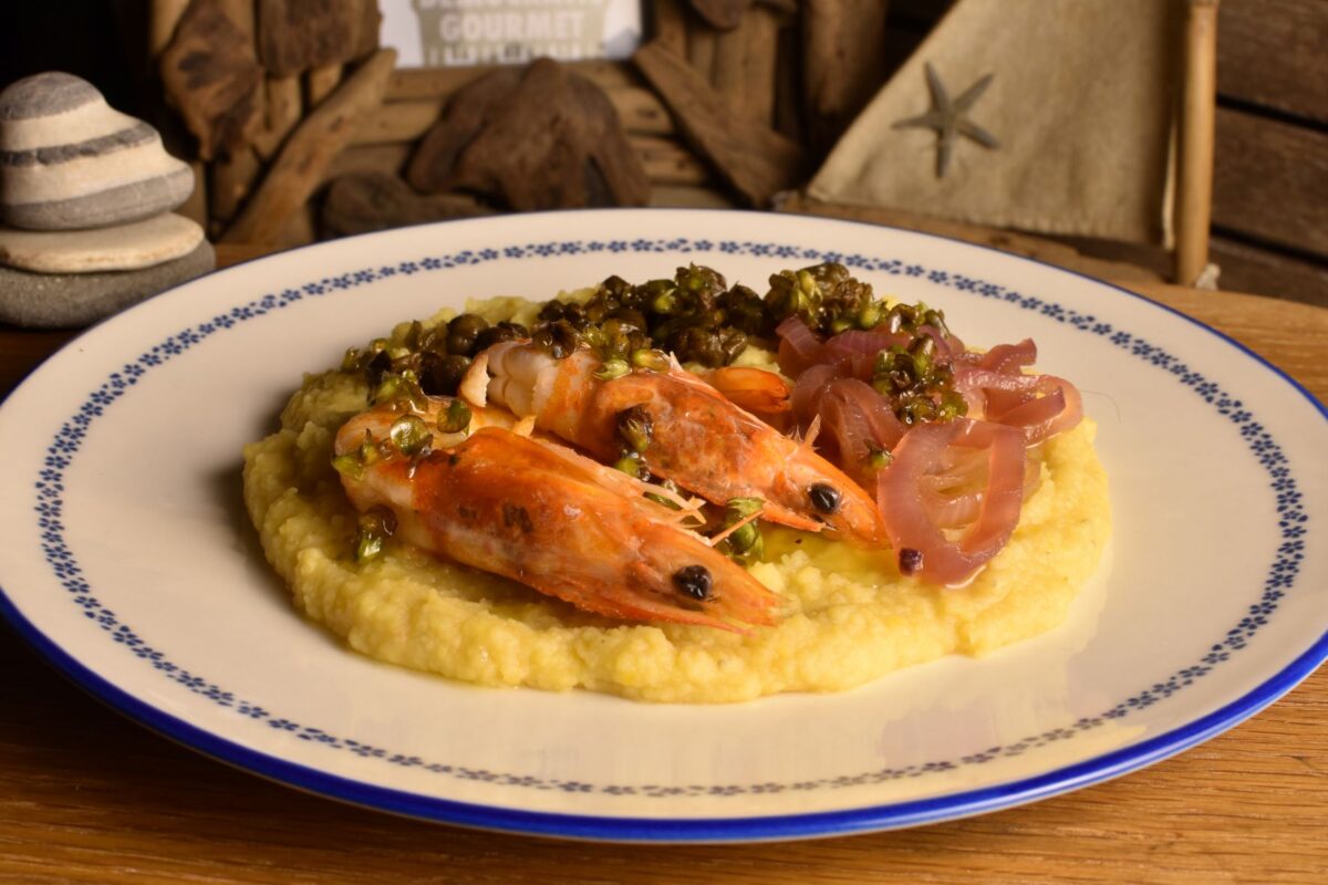 Greek fava with shrimps, fried capers and onions in saor - Democratic ...